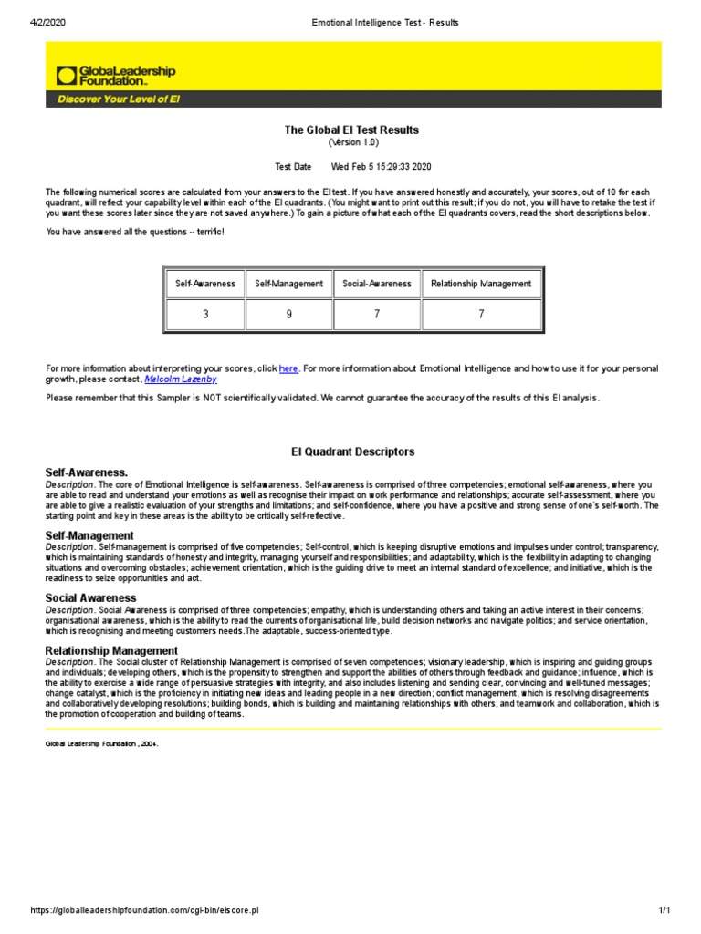 2.1.a. Emotional Intelligence Test - Results | PDF | Emotional ...