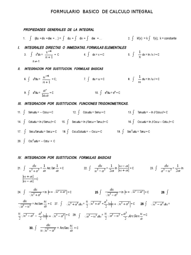 Formulario Básico de Cálculo Integral | PDF | Análisis matemático | Cálculo