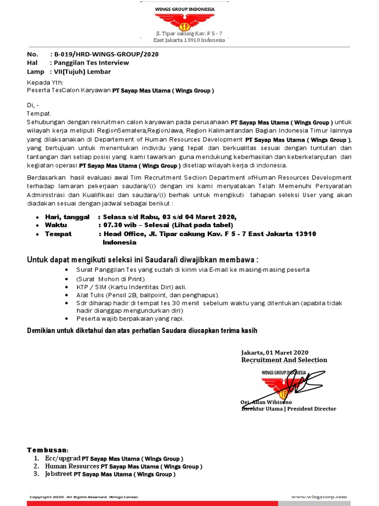 Lampiran Undangan Interview Wings Group Indonesia | PDF