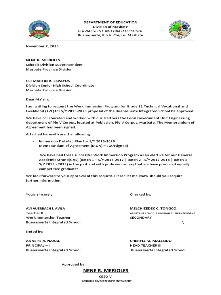 TVL Work Immersion Proposal Approval | PDF | Science & Mathematics