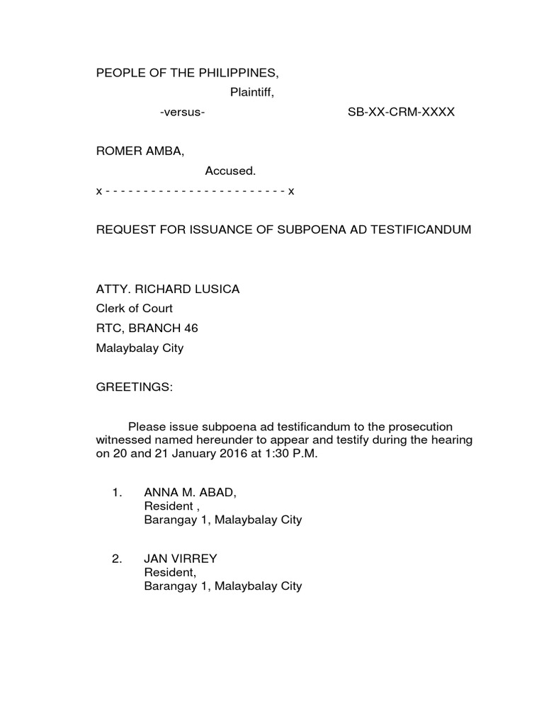 Request For Issuance of Subpoena Ad Testificandum | PDF