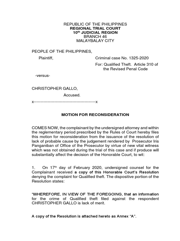Motion For Reconsideration | PDF | Theft | Probable Cause
