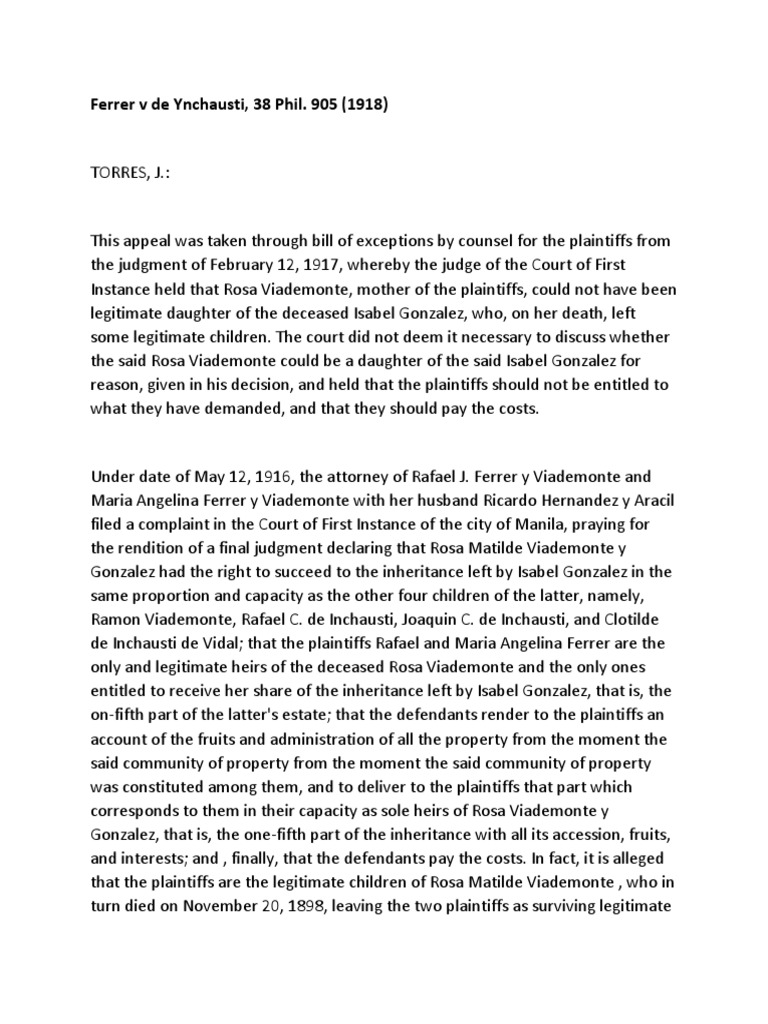 Ferrer V de Ynchausti, 38 Phil. 905 (1918) | PDF | Probate | Judgment (Law)