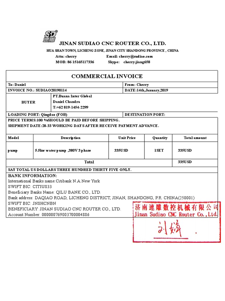 Water Pump Proforma Invoice From Cherry | PDF