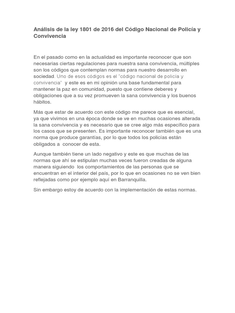 Análisis De La Ley 1801 De 2016 Del Código Nacional De Policía Y