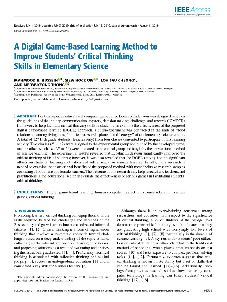 A Digital Game-Based Learning Method To Improve Students' Critical Thinking Skills in Elementary ...