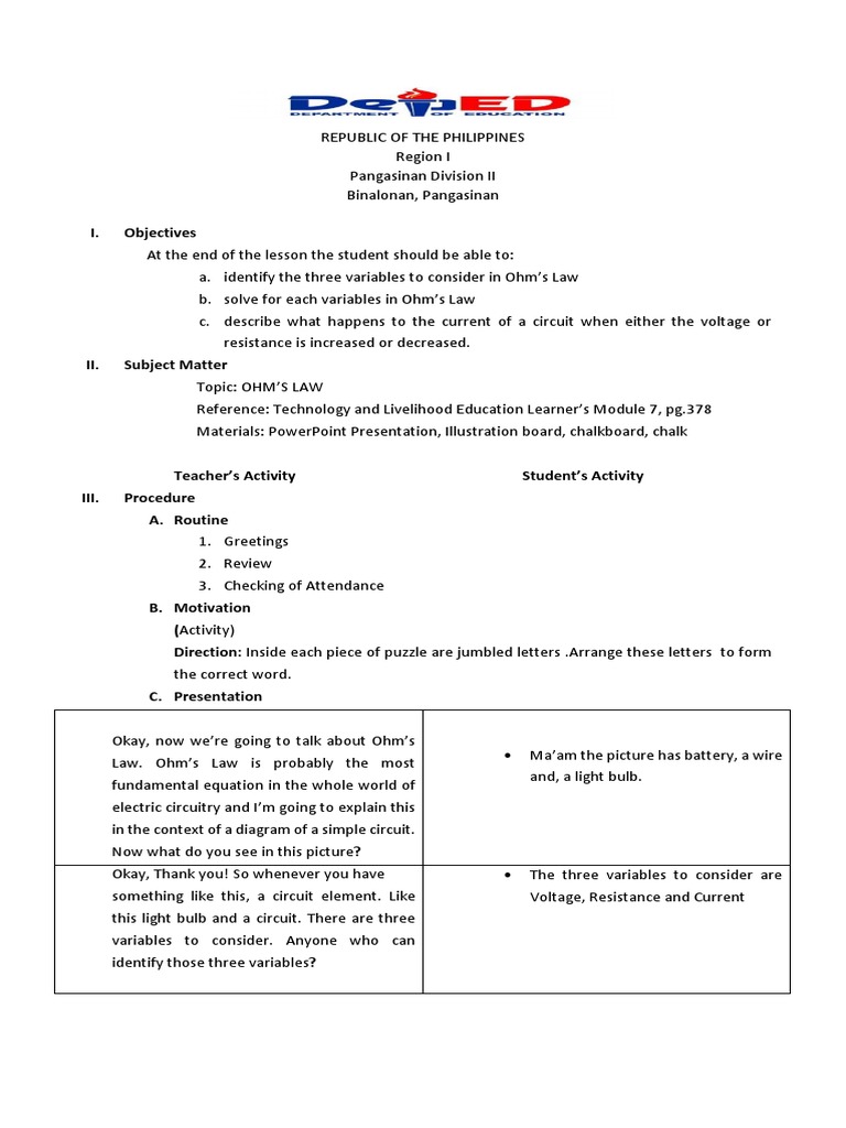 Ohm's Law Lesson Plan for Students | PDF | Electric Current | Volt