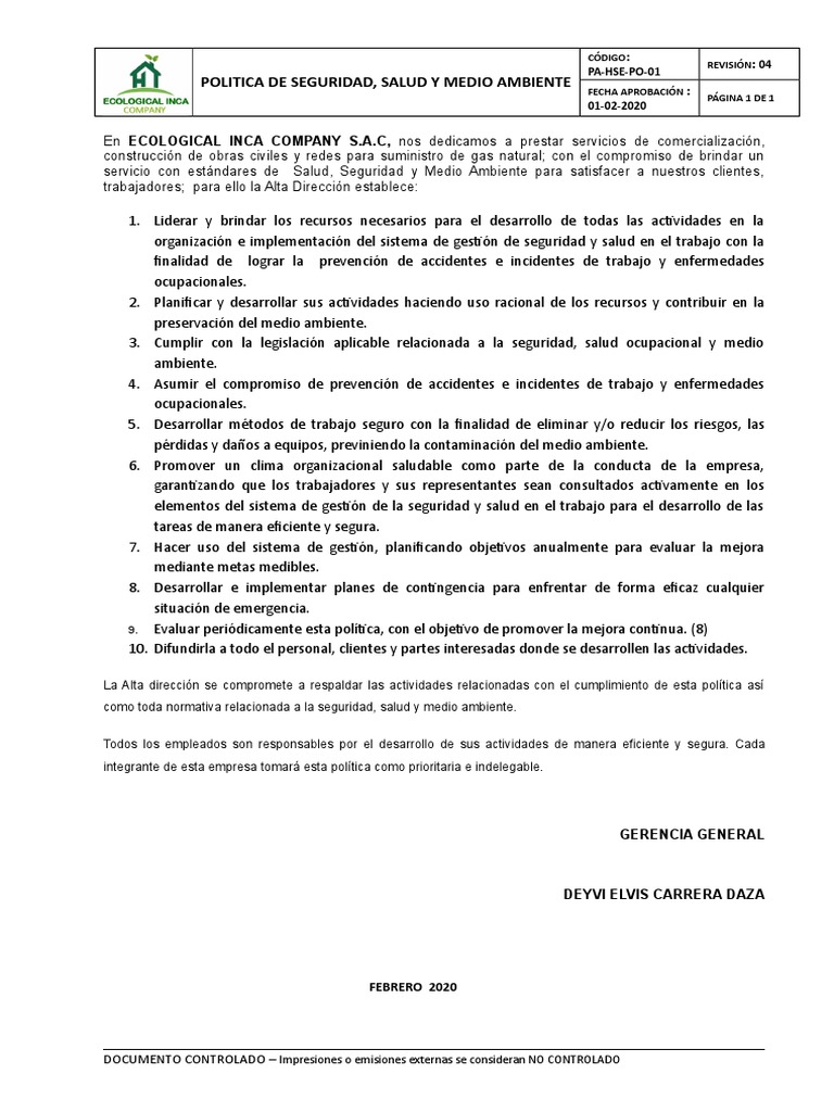 PA-HSE-PO-01 Política de Seguridad Salud y Medio Ambiente ECOLOGICAL ...