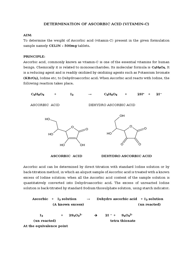 Determination of Ascorbic Acid | Download Free PDF | Titration | Chemistry