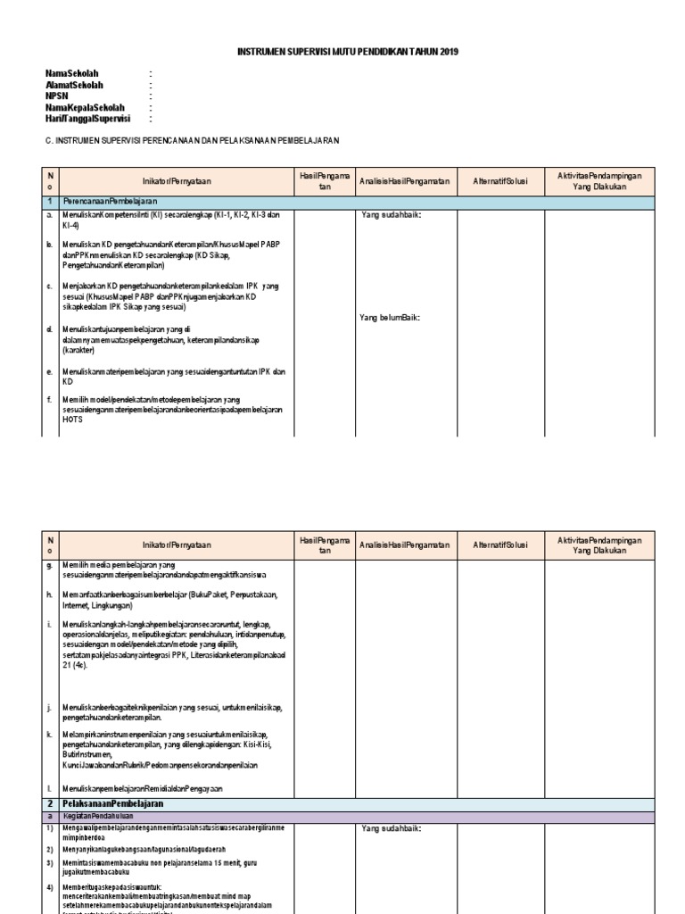Contoh Instrumen Perencanaan Dan Pelaksanaan Pembelajaran | PDF