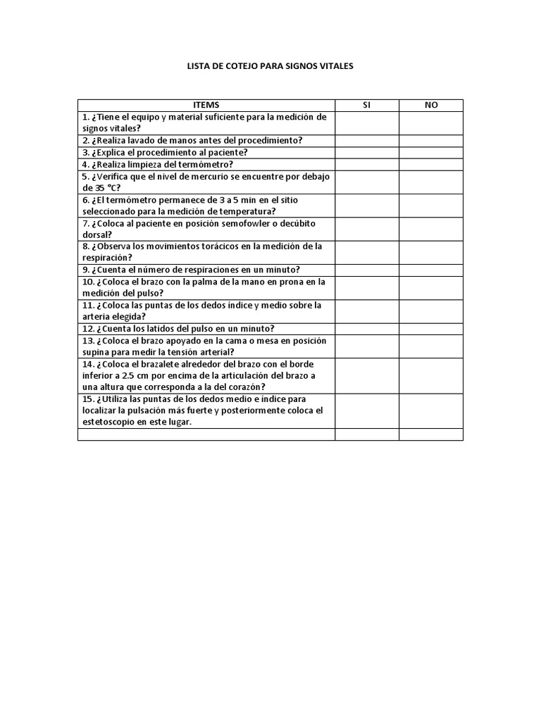 Lista de Cotejo para Signos Vitales | PDF