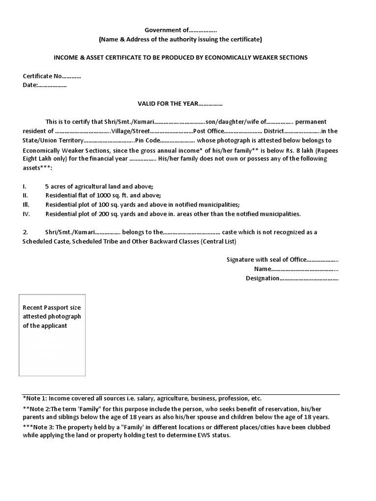 Proforma Ews Income & Asset Certificate Format | PDF | Magistrate | Social Institutions