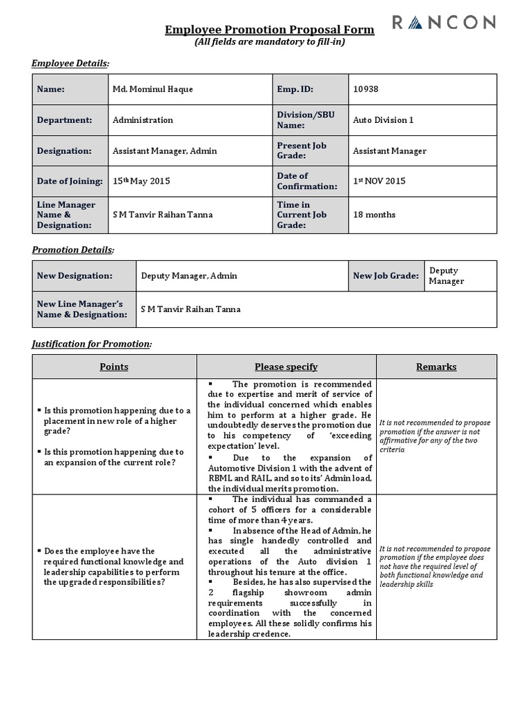 Employee Promotion Proposal Form - Momin | PDF | Leadership | Business