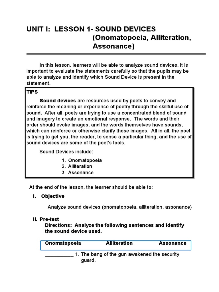 Lesson 1 - Sound Devices | PDF | Poetry | Linguistics