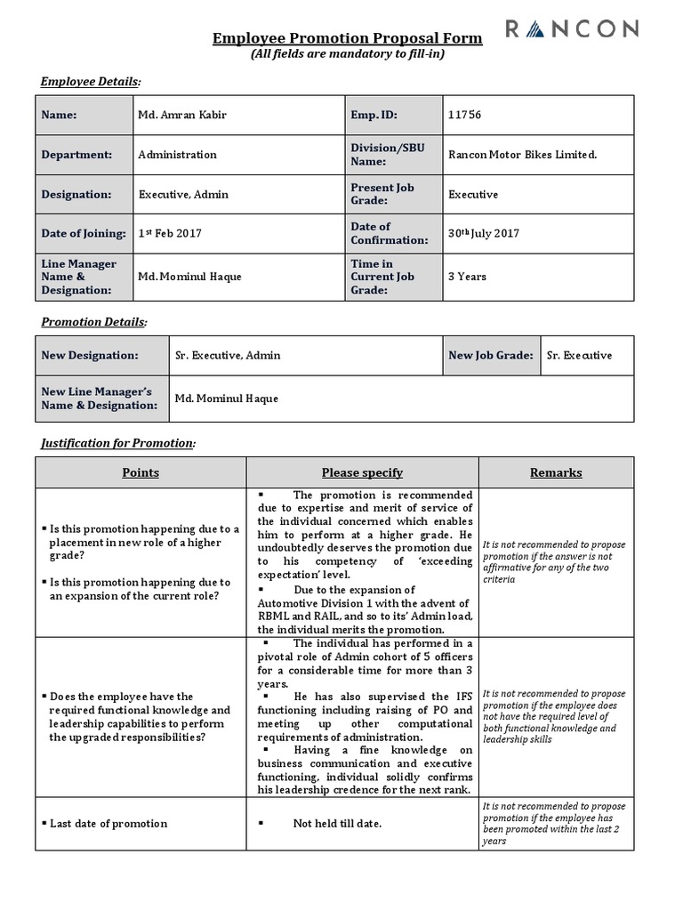 Employee Promotion Proposal Form - Amran | PDF | Performance Appraisal ...