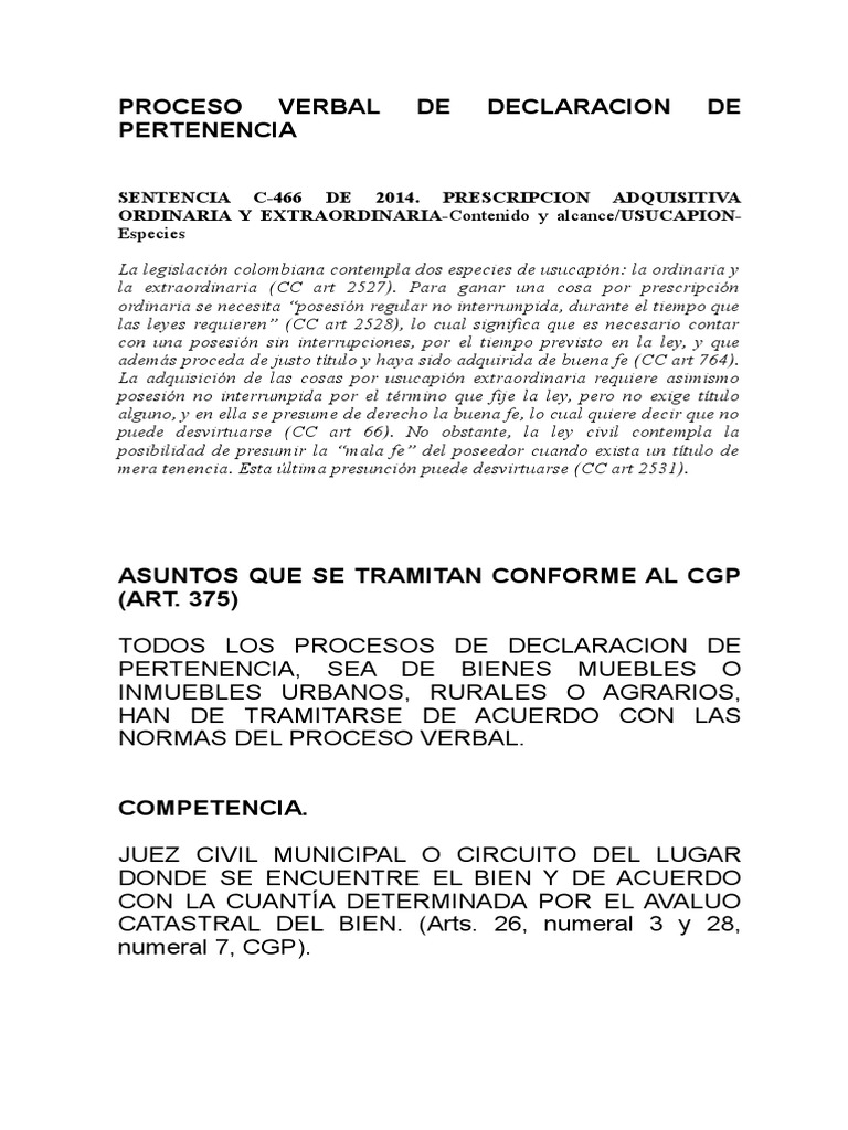 Clase - Procesal General Ii - Procesos Declarativos - Pertenencia | PDF | Posesión (Ley) | Virtud