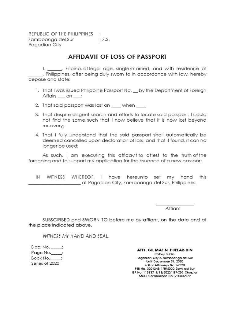 Affidavit of Loss - Passport | PDF