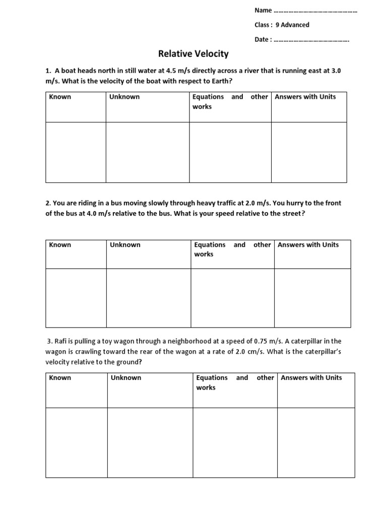Relative Velocity Worksheets 1 | PDF