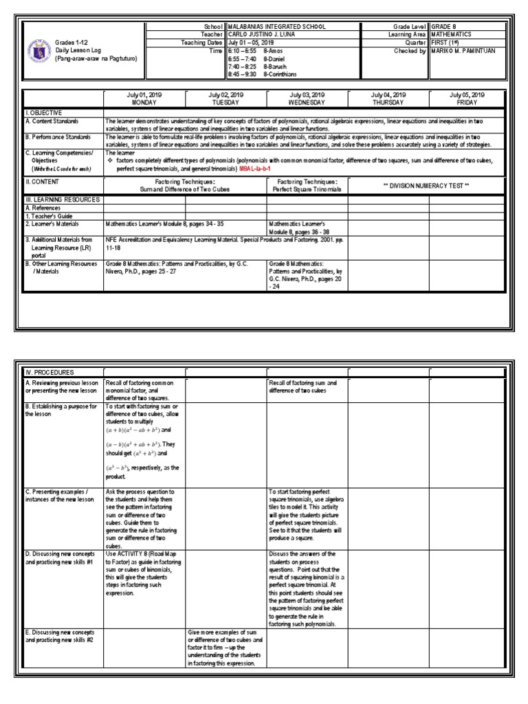 Grade 8 Polynomial Factoring Lesson Plan | PDF | Factorization | Polynomial