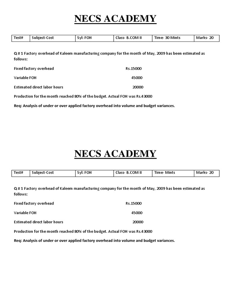 Test No.5 FOH | PDF | Variance | Production And Manufacturing