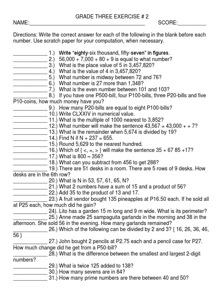 Grade Three Exercise 2 | PDF | Numbers | Mathematical Concepts
