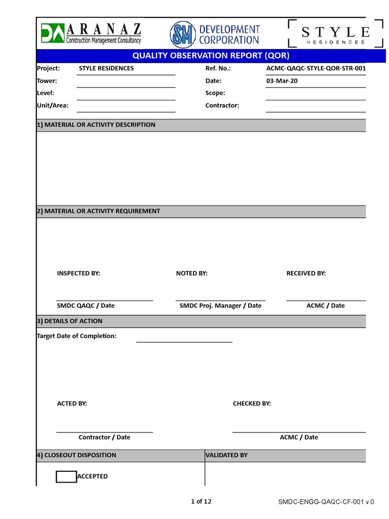 Acmc-Qaqc-001 - Quality Observation Report Form - Qor | PDF | Business