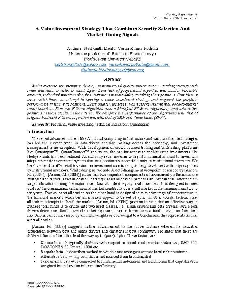 A Value Investment Strategy That Combines Security Selection and Market ...