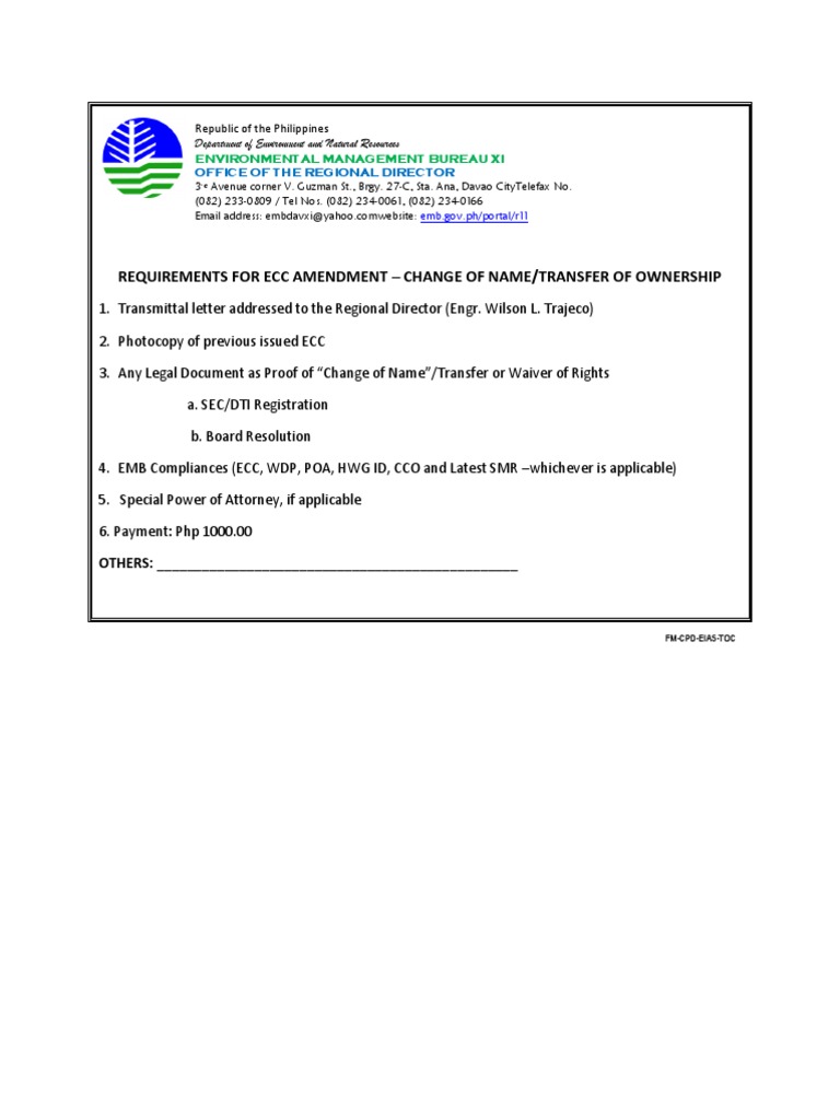 2019 Requirements For Ecc Amendment Change of Name and Transfer of ...