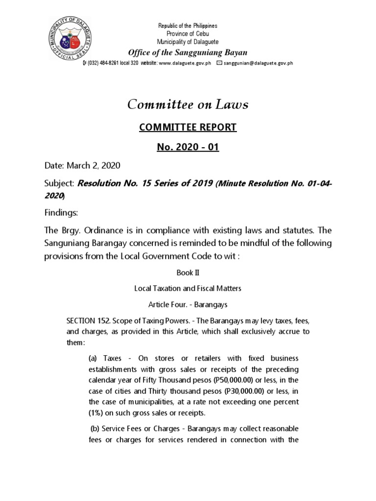 Analysis of a Barangay Ordinance on Local Taxation and Compliance with ...