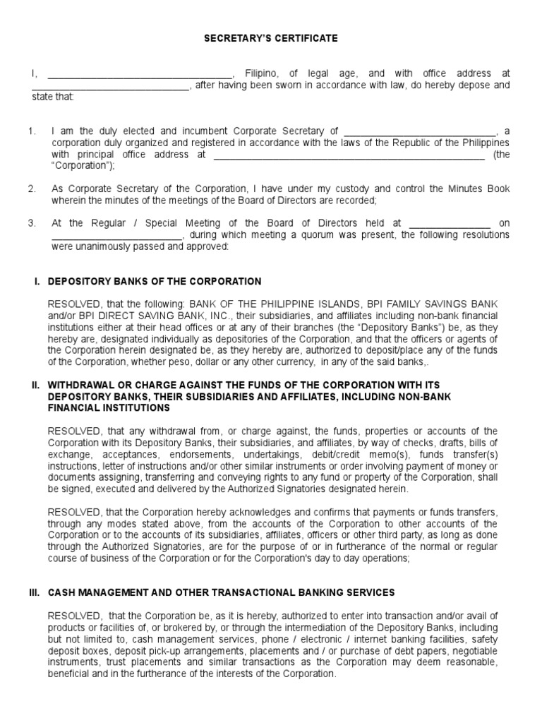 Secretary's Certificate - Branch Format | PDF | Banks | Loans