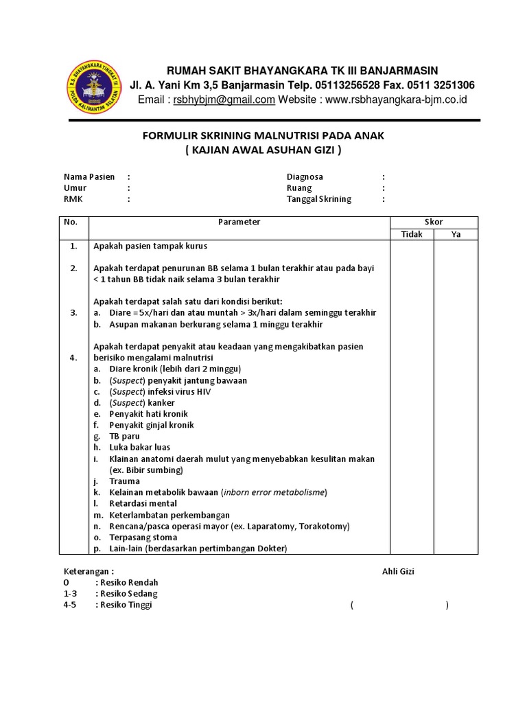 Formulir Skrining Malnutrisi Pada Anak | PDF