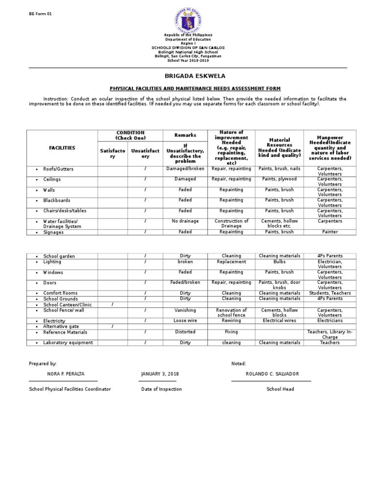 BE Form 1 - PHYSICAL FACILITIES AND MAINTENANCE NEEDS ASSESSMENT FORM | PDF