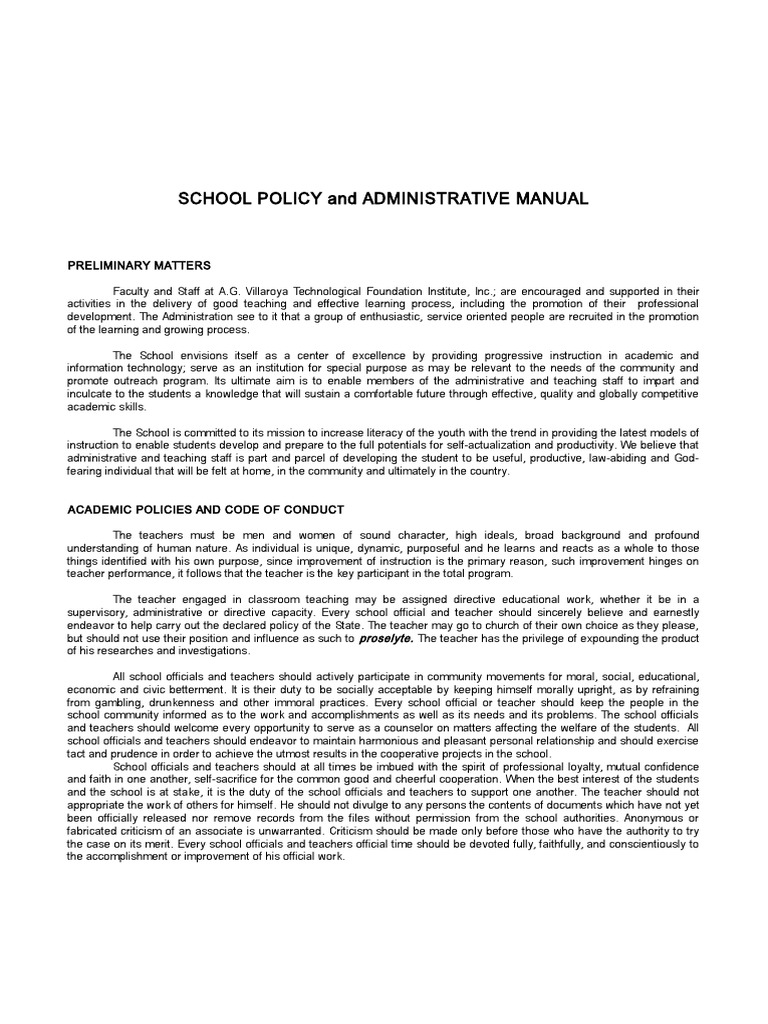 School Policy and Admin Manual Overview | PDF | Teachers | Surety Bond