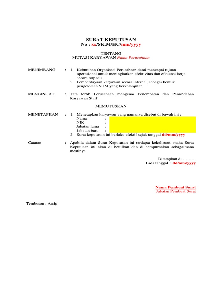 Surat Keputusan Mutasi Karyawan Nama Perusahaan | PDF