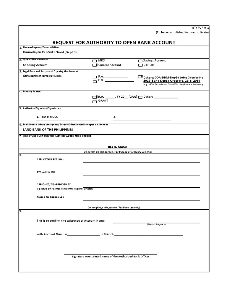 Annex D 2 BTR Form 1 Request For Authority To Open Bank Account | PDF