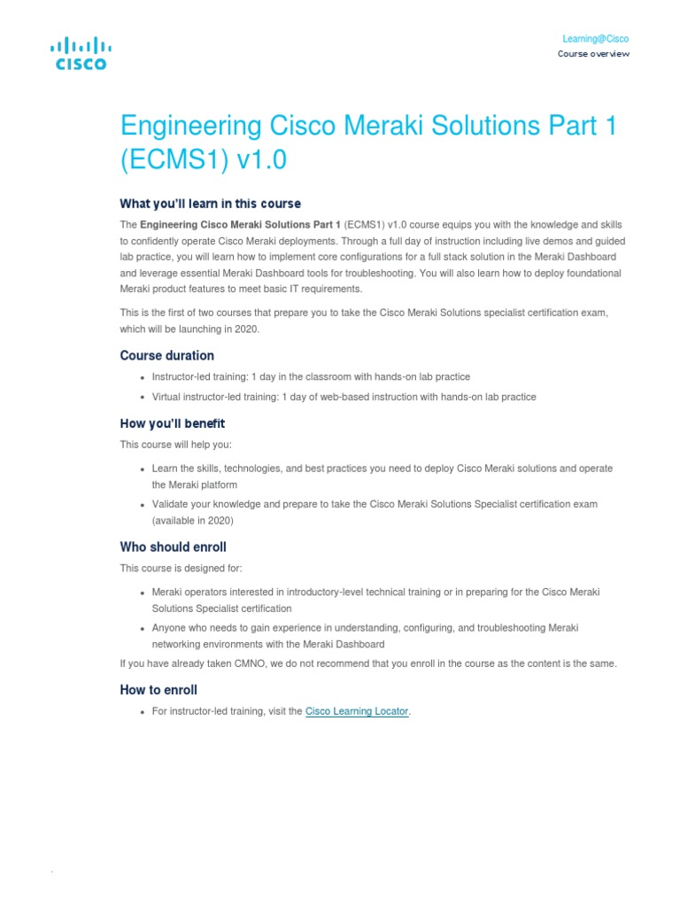 Engineering Cisco Meraki Solutions Part 1 Ecms1 | PDF