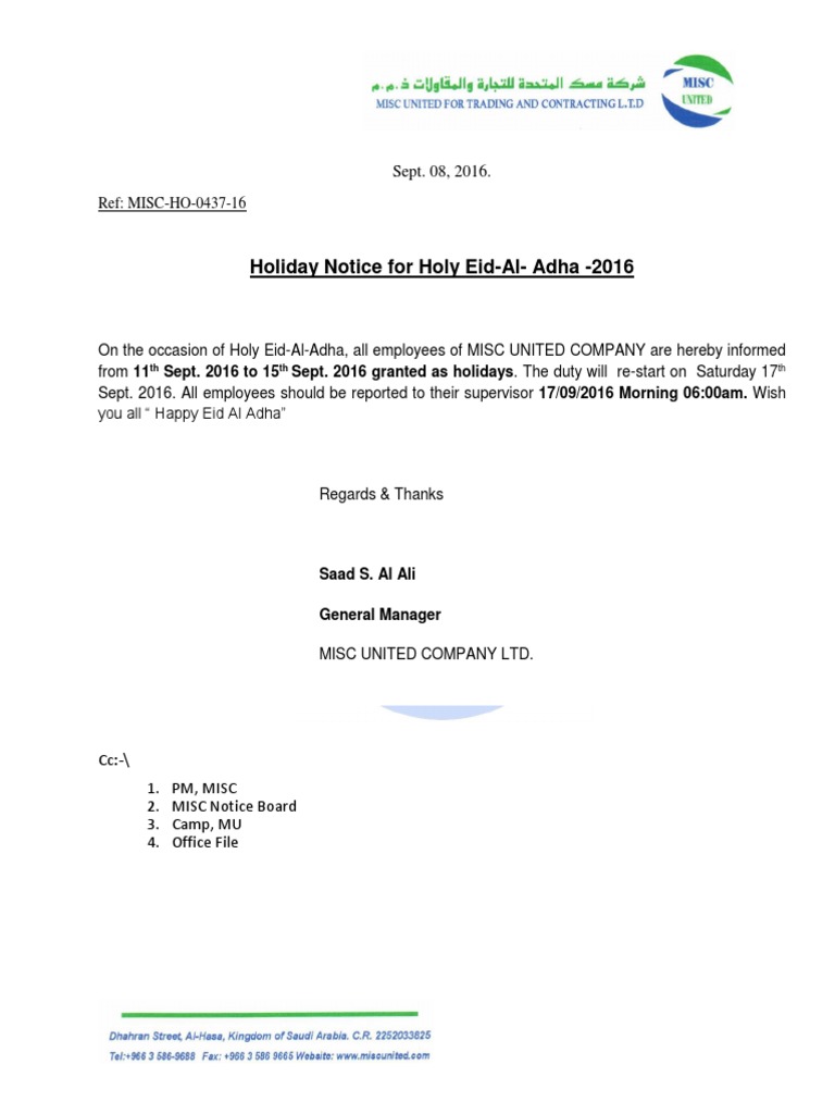 Eid Holiday Notice | PDF