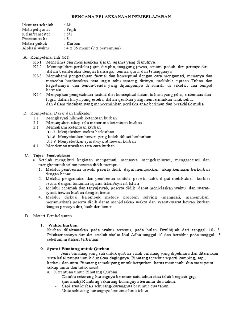 RPP K13 Fiqih Kelas 5 Semester 2 Kurban Bag.2 | PDF | Karier ...