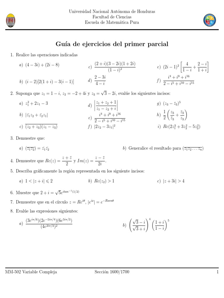 Guia Ejercicios Variable Compleja Primer Parcial PDF | PDF