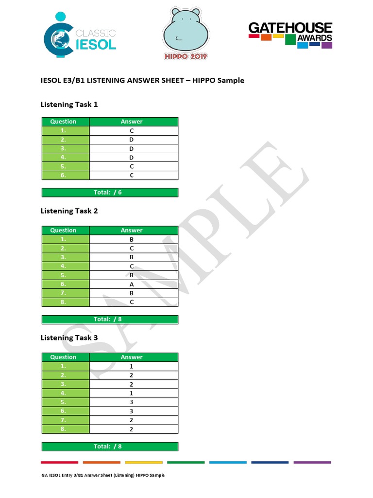 GA Classic IESOL E3 (B1) Answer Sheet Listening HIPPO Sample | PDF