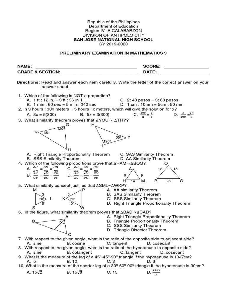 Grade 9 Math Exam in Triangle Similarity and Trigonometry | PDF
