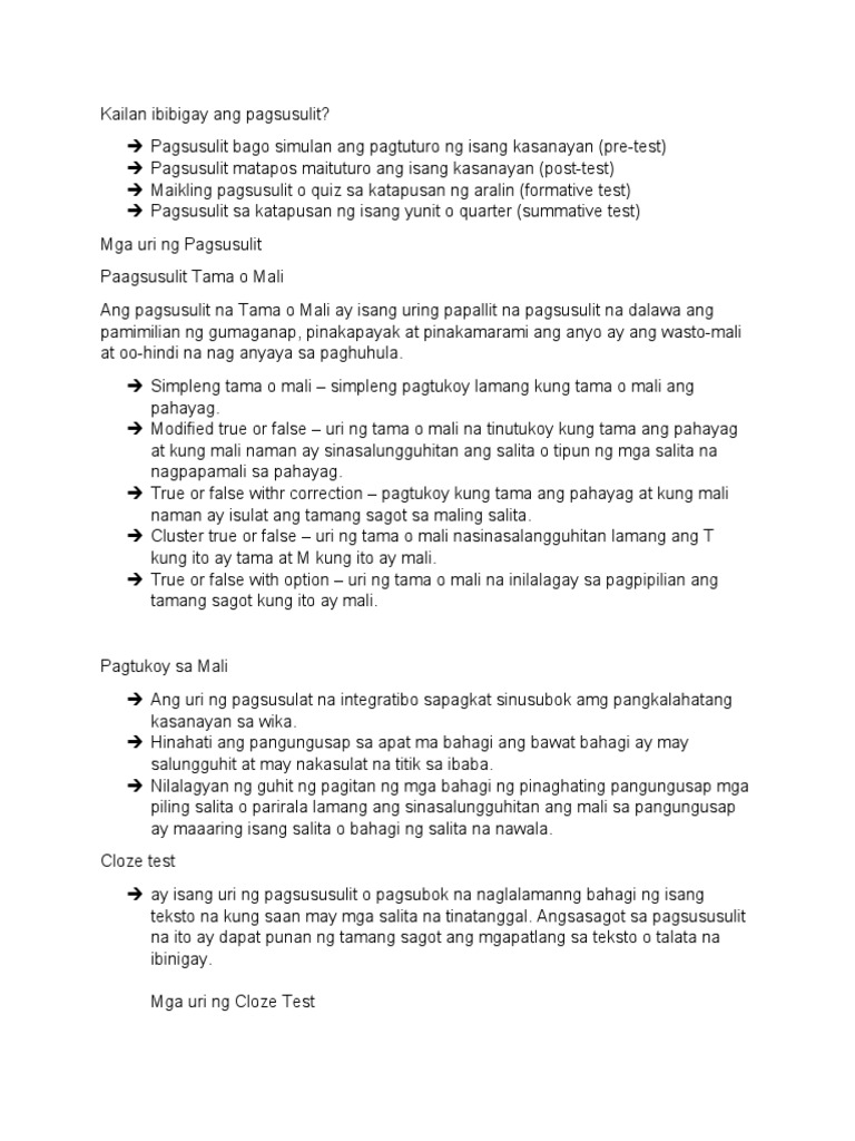 Fil 6B Mga Uri NG Pagsusulit | PDF