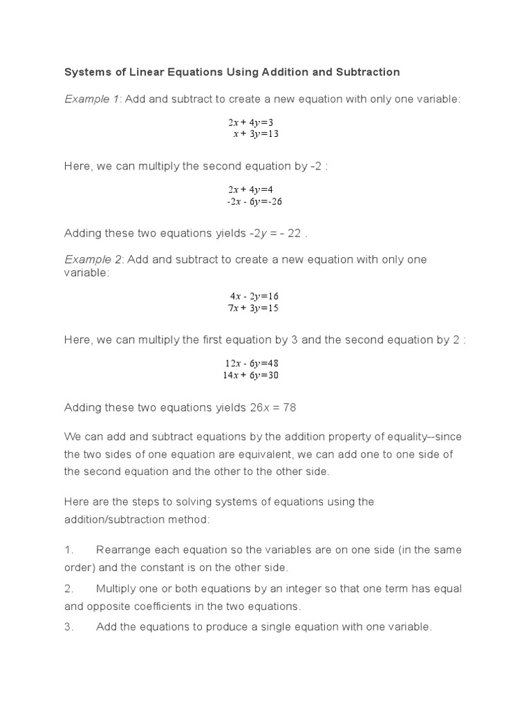 Systems of Linear Equations Using Addition and Subtraction