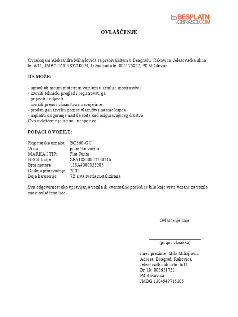 Ovlascenje Za Upravljanje Tudjim Vozilom | PDF