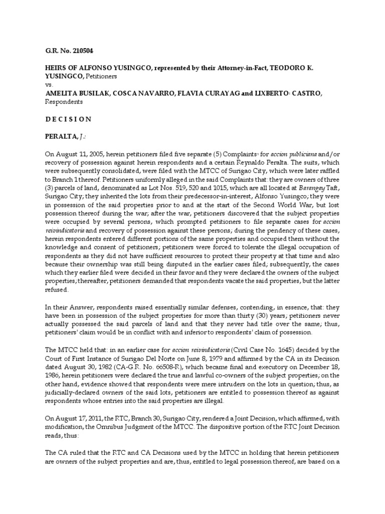 Heirs of Yusingco vs. Busilak | PDF