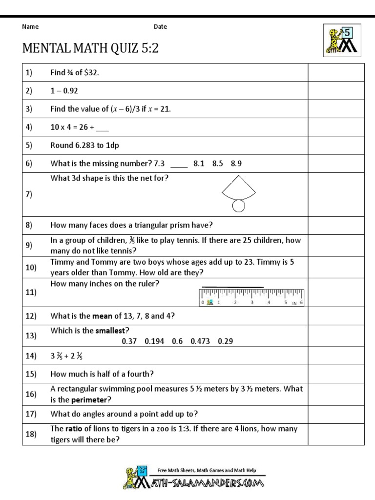 Mental Math Quiz for Students | PDF
