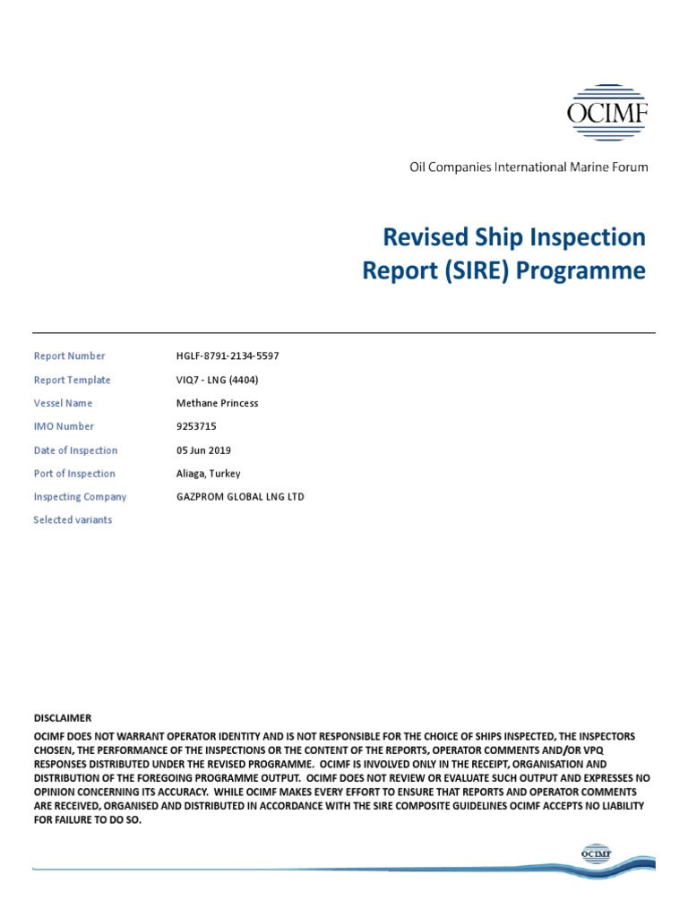 Methane Princess Last SIRE Ship Inspection Report | PDF