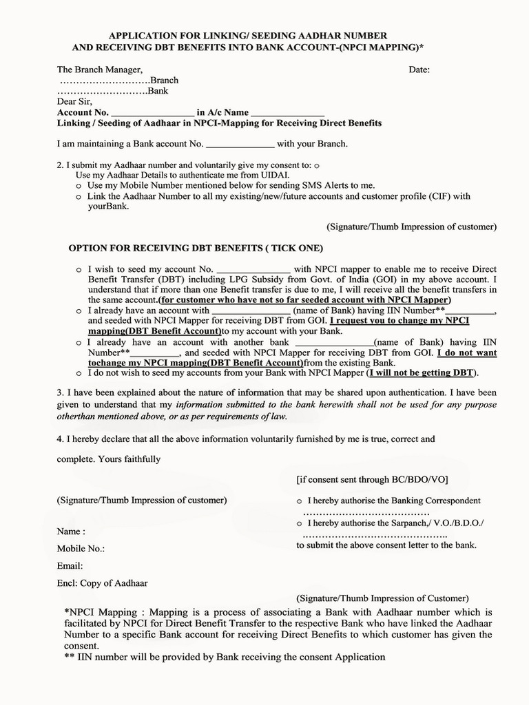 Consent Form Aadhaar Seeding in English Copy (Copy) PDF | PDF
