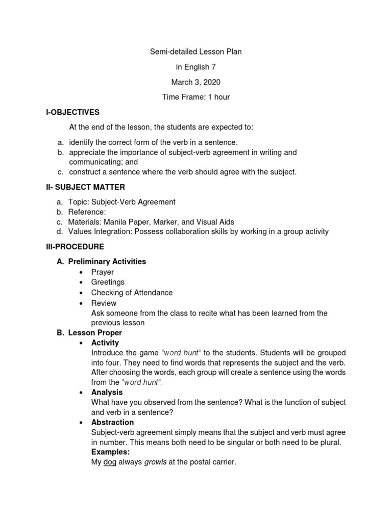 Subject-Verb Agreement Lesson Plan | PDF | Language Arts & Discipline