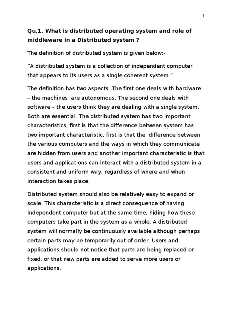 Qu 1 What Is Distributed Operating System And Role Of Middleware In A Distributed System